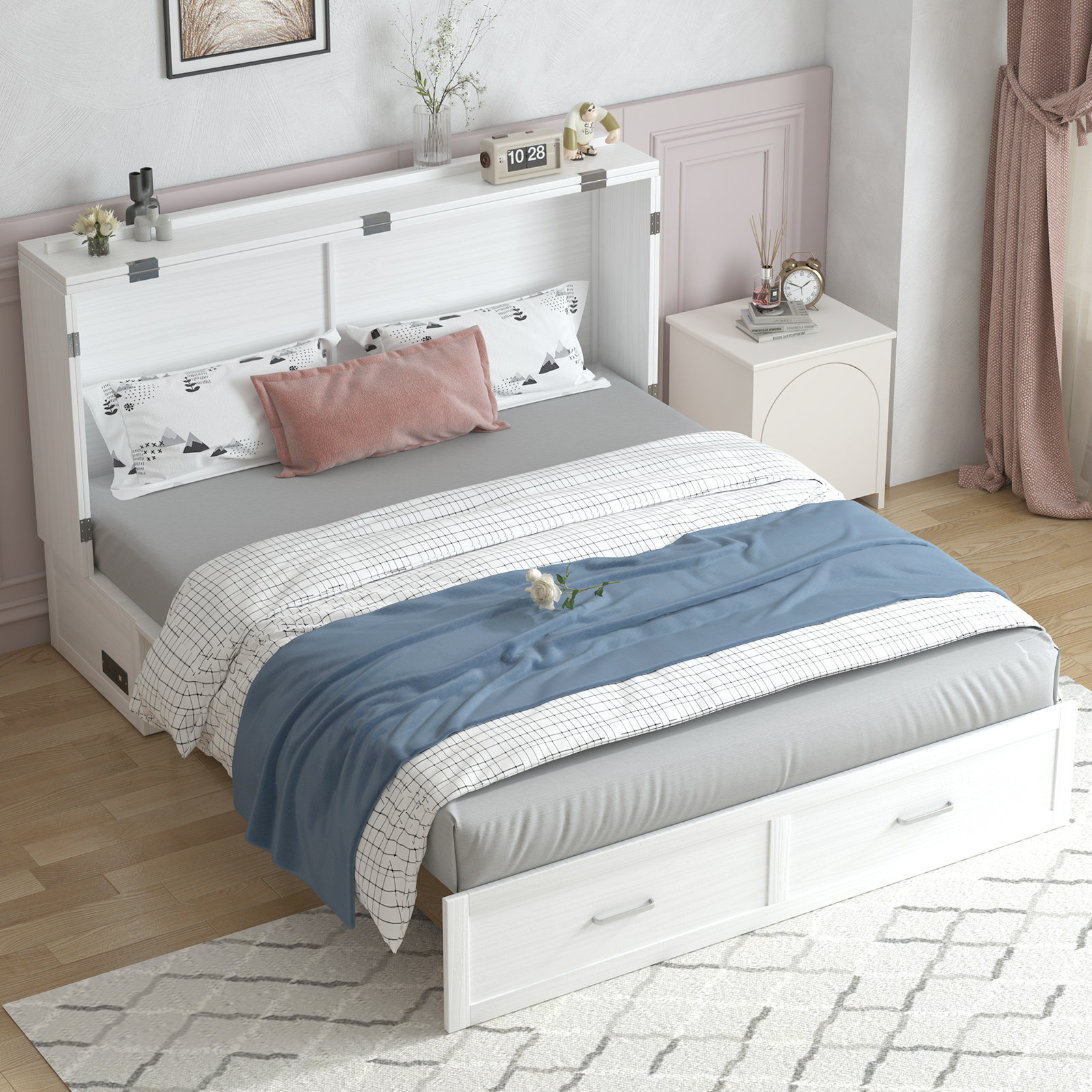 Wildon Home Balus Queen Murphy Bed With Tri folding Mattress modern Cabinet Bed With Storage Drawer Usb Charging Station Solid Wood Cube Cabinet Bed For Bedroom guest Room Reviews Wayfair